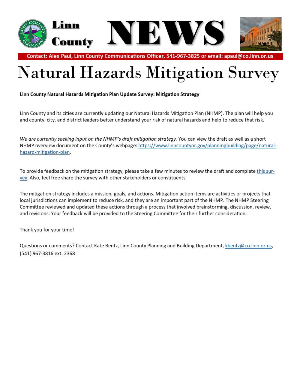 Linn County Natural Hazards Mitigation Plan Update Survey: Mitigation Strategy | Linn County Oregon